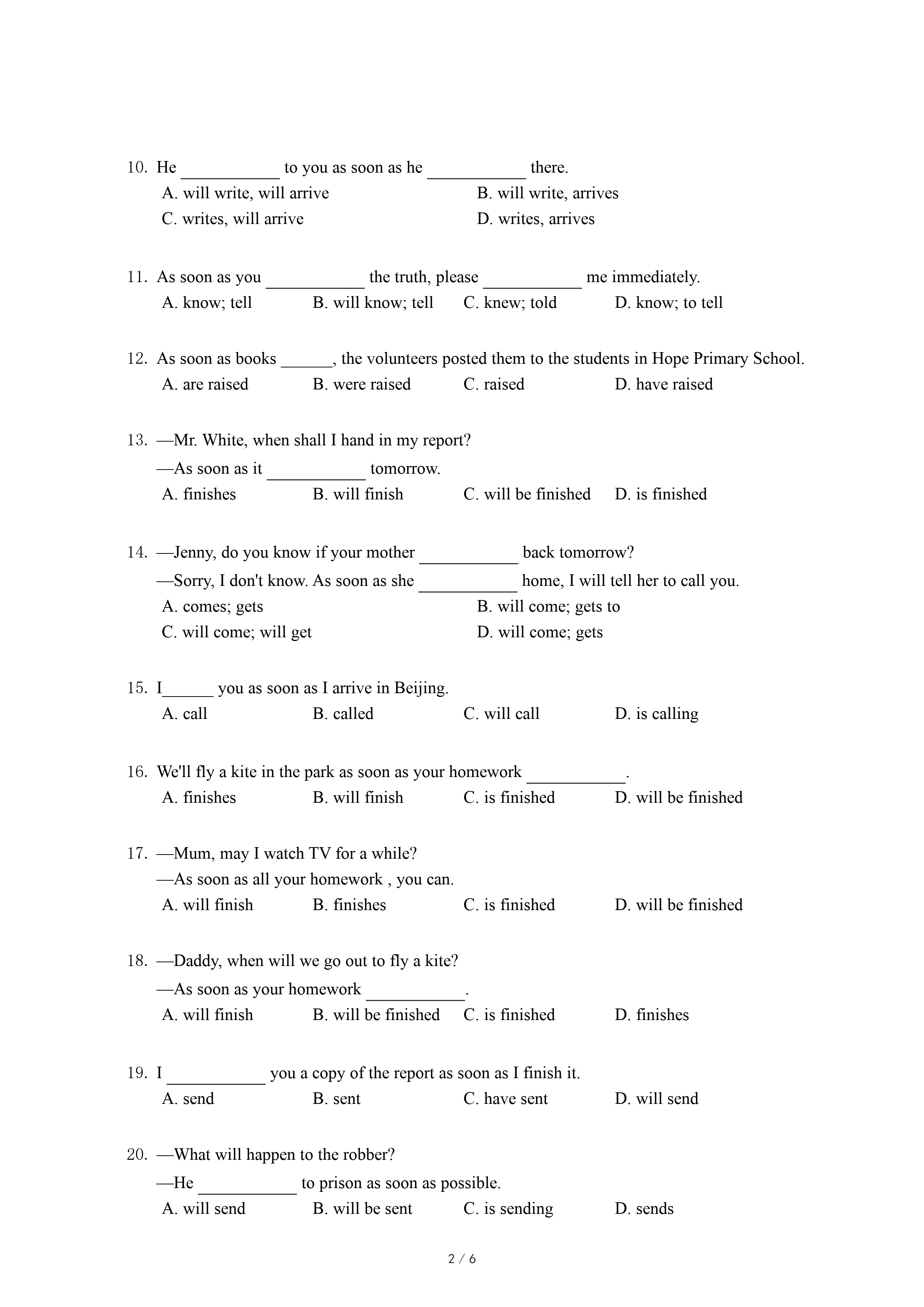 As soon as 时间状语从句英语试卷-乐乐课堂